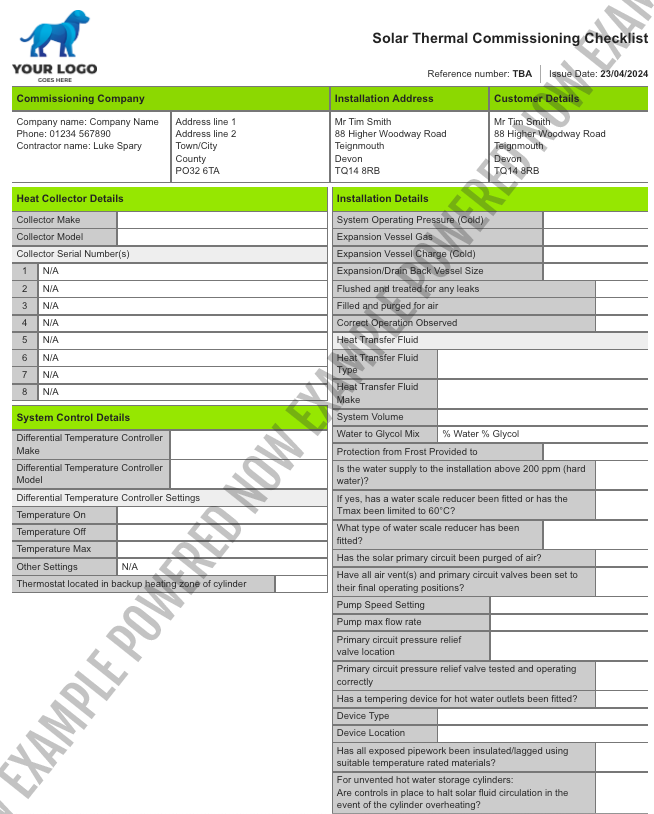 Solar Thermal Commissioning Checklist Solar Thermal Commissioning Checklist